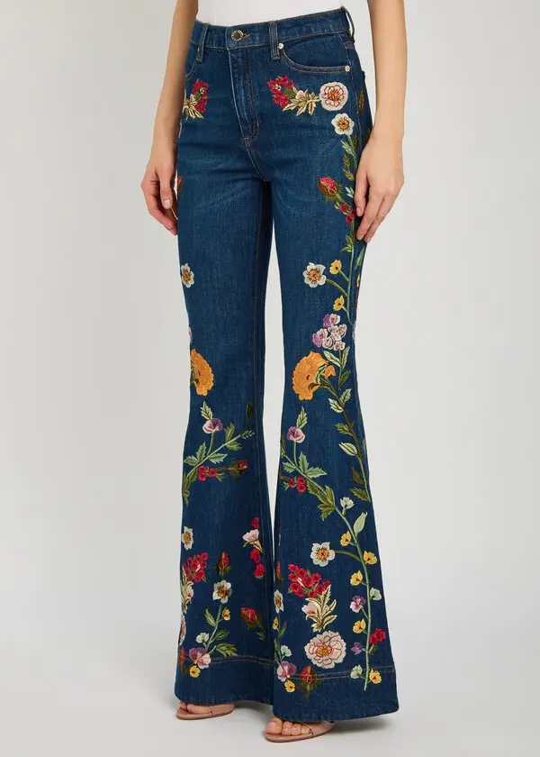 Alice + Olivia Floral-embroidered Flared-leg Jeans