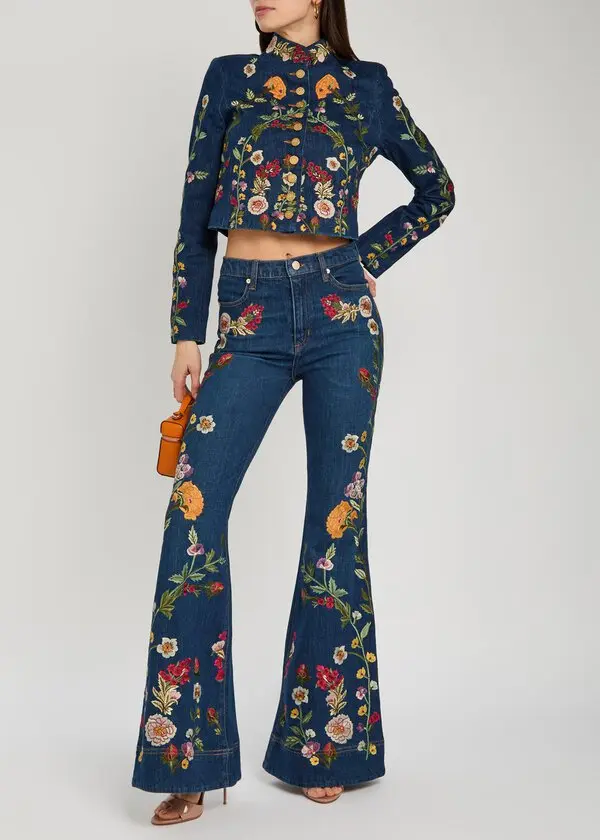 Alice + Olivia Floral-embroidered Flared-leg Jeans