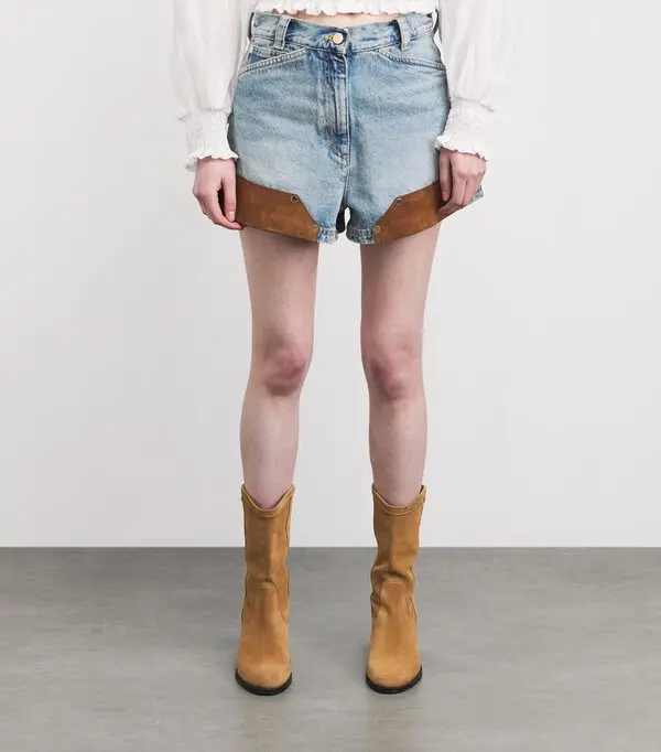 Sandro Suede-trim Denim Shorts - Blue