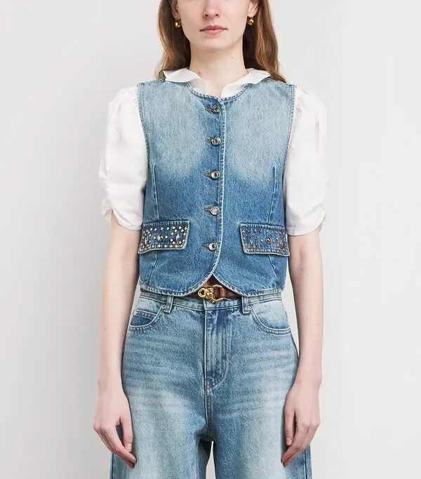 Sandro Embellished Denim Waistcoat - Blue