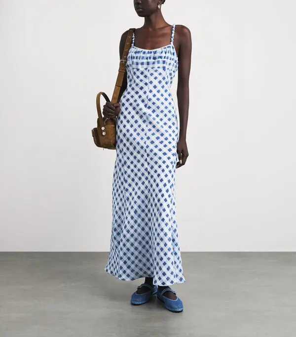 Sandro Linen-blend Gingham Maxi Dress - Blue