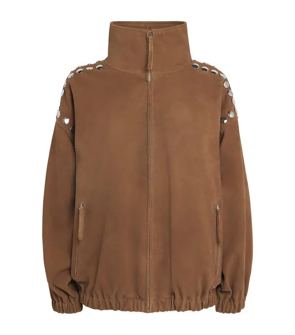 Sandro Suede Studded Bomber Jacket - Beige