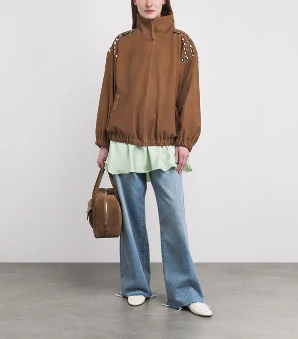 Sandro Suede Studded Bomber Jacket - Beige