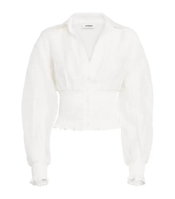 Sandro Linen-blend Smocked Shirt - Beige