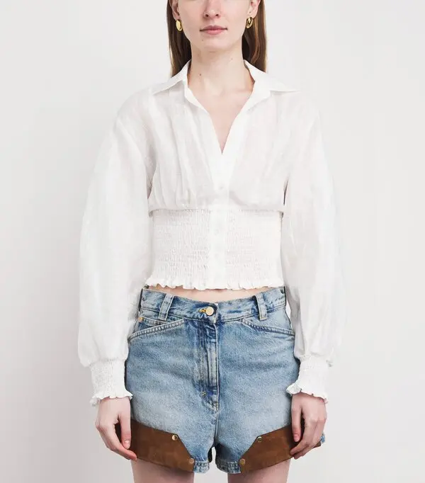 Sandro Linen-blend Smocked Shirt - Beige