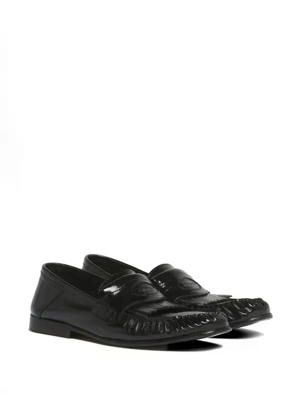 Marni Leather Embossed Logo Fringe Loafers - Black