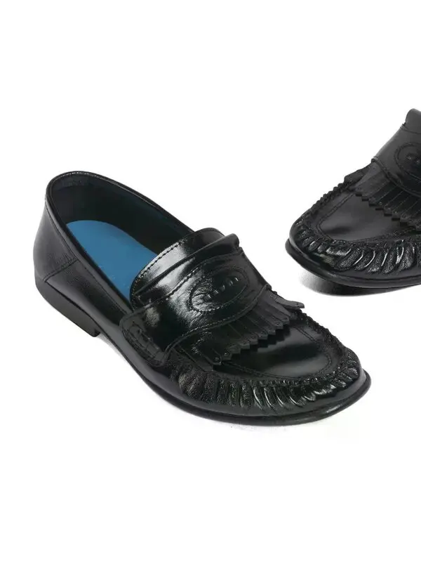 Marni Leather Embossed Logo Fringe Loafers - Black