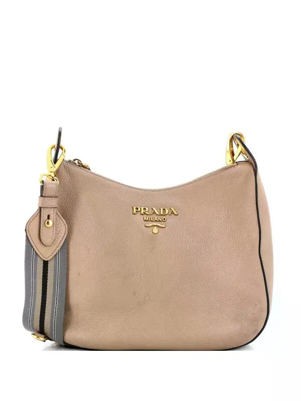 Prada Striped Strap Zip Hobo Vitello Daino Medium Crossbody Bag