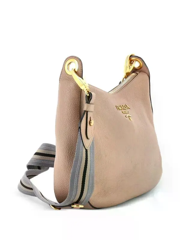 Prada Striped Strap Zip Hobo Vitello Daino Medium Crossbody Bag