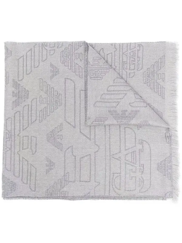 Emporio Armani Embroidered Frayed-edge Wool Scarf - Grey