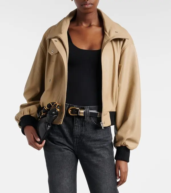 Nour Hammour Briar Cropped Leather Blouson Jacket - Beige