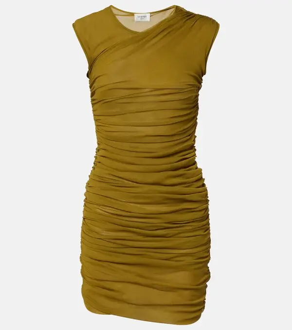 Saint Laurent Ruched Tulle Mini Dress - Green