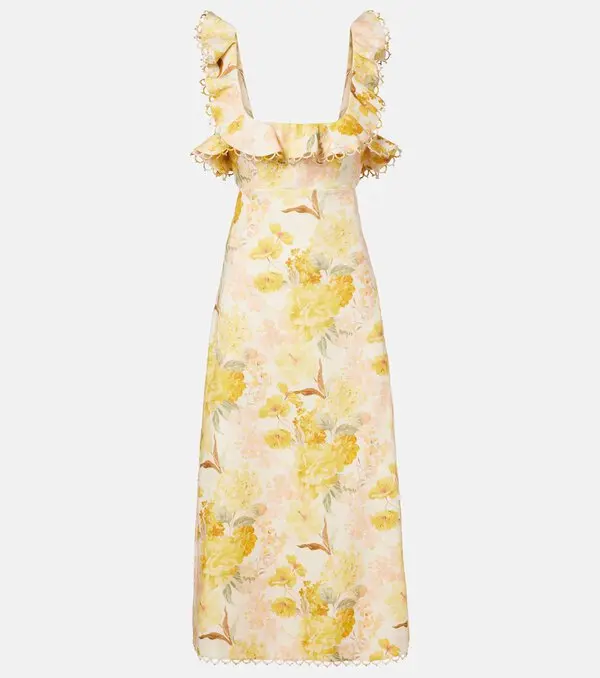 Zimmermann Como Floral Ruffled Linen Midi Dress - Yellow