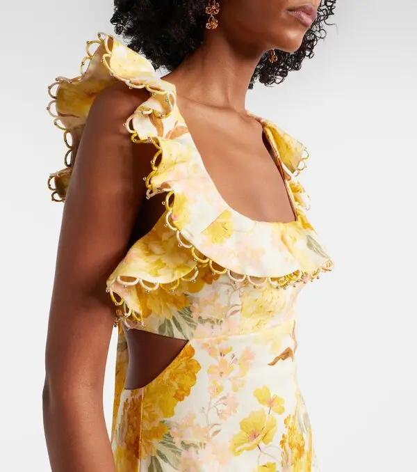 Zimmermann Como Floral Ruffled Linen Midi Dress