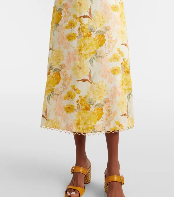 Zimmermann Como Floral Ruffled Linen Midi Dress