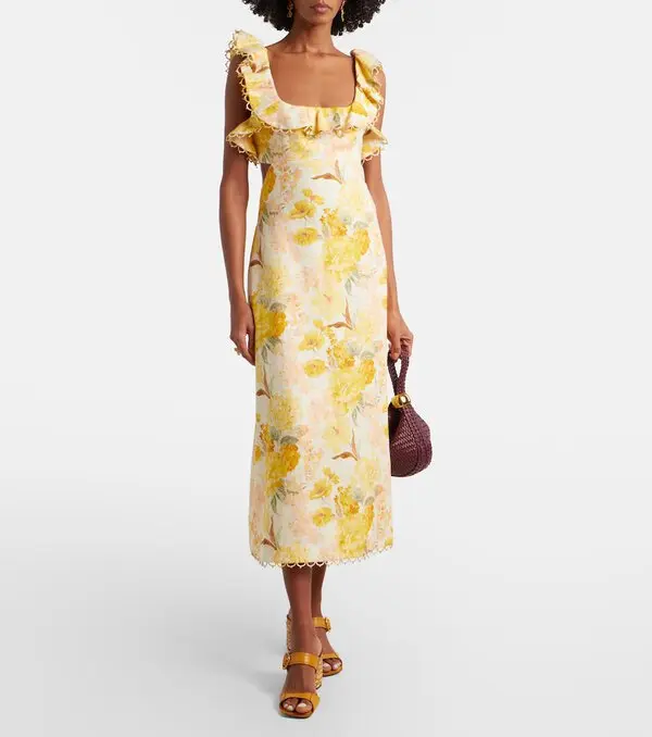 Zimmermann Como Floral Ruffled Linen Midi Dress