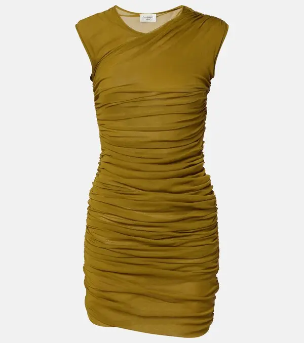 Saint Laurent Ruched Tulle Jersey Minidress - Green