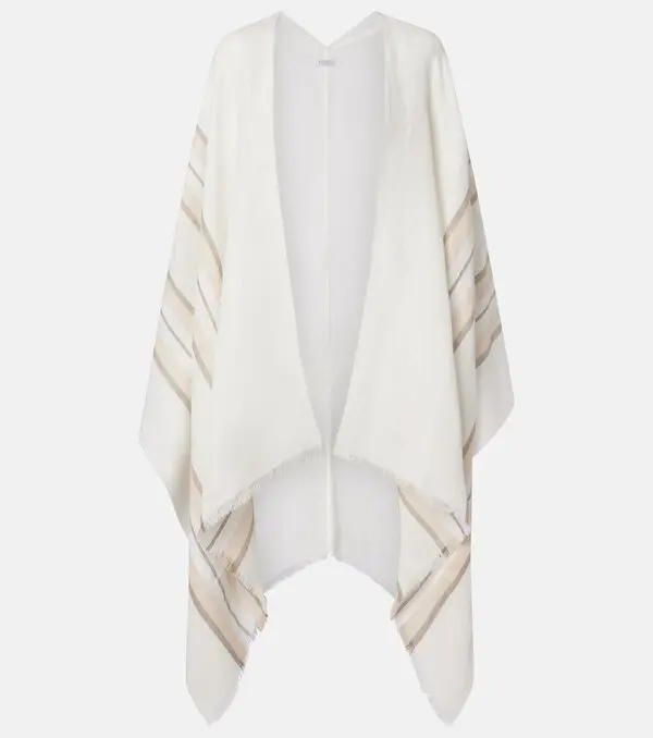 Brunello Cucinelli Striped Linen, Cashmere, And Silk Poncho - White