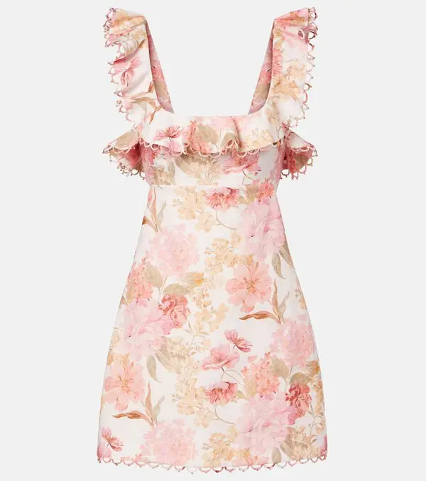 Zimmermann Como Floral Ruffled Linen Minidress - Pink
