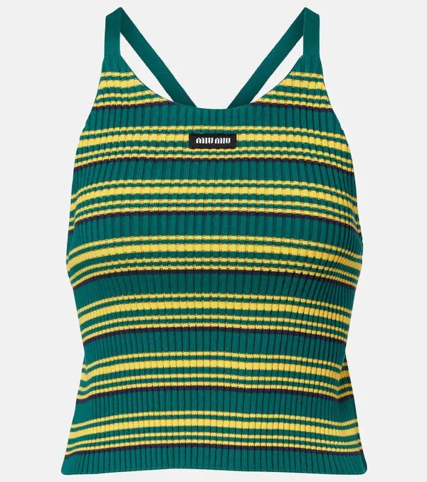 Miu Miu Ribbed-knit Striped Cotton-blend Top - Green