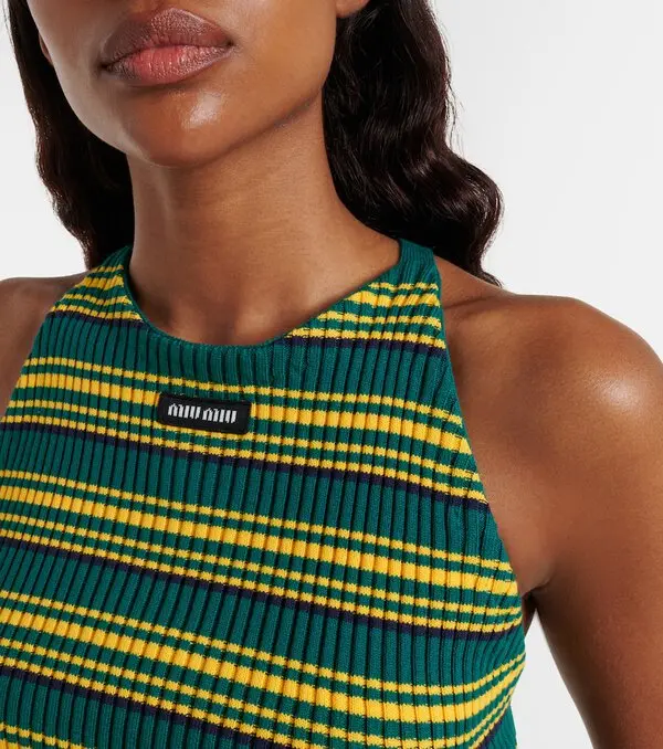 Miu Miu Ribbed-knit Striped Cotton-blend Top - Green