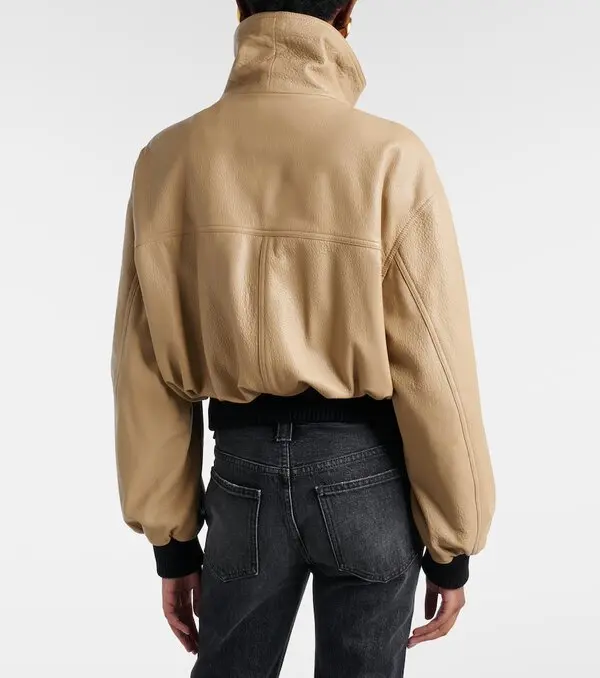 Nour Hammour Briar Cropped Leather Blouson Jacket - Beige