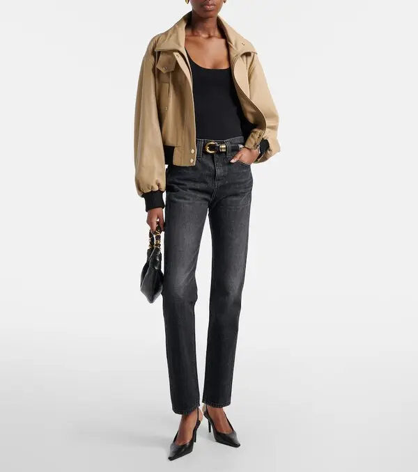 Nour Hammour Briar Cropped Leather Blouson Jacket - Beige