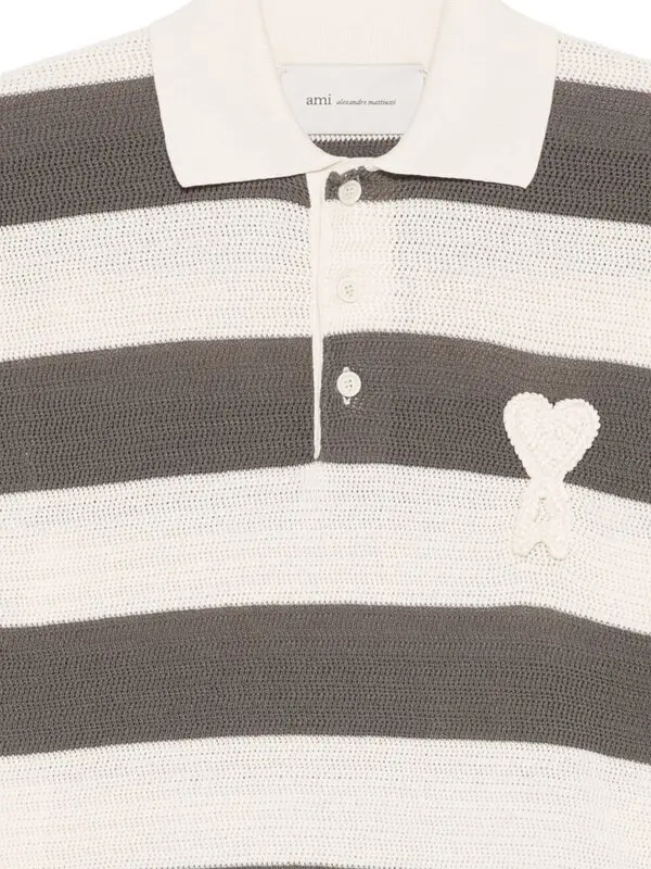 AMI Paris De Coeur Striped Polo Shirt - Grey