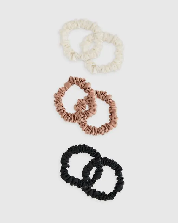 Quince Silk Skinny Scrunchies - Black/ivory/toasted Almond