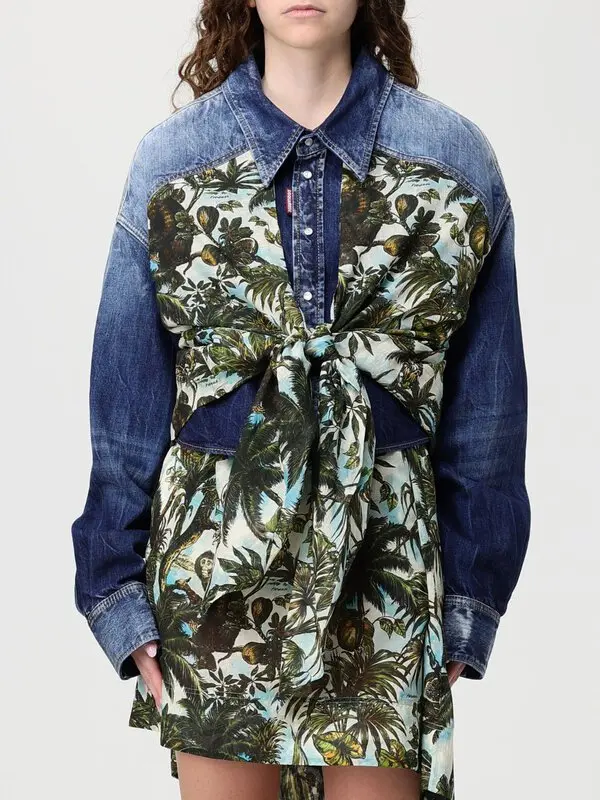 Dsquared2 Cotton Denim Shirt With Tropical Inserts - Green