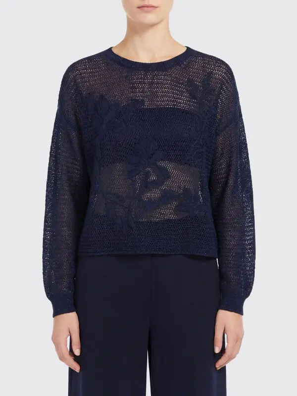 TWINSET Crew Neck Mesh Cotton Top With Embroidery - Blue