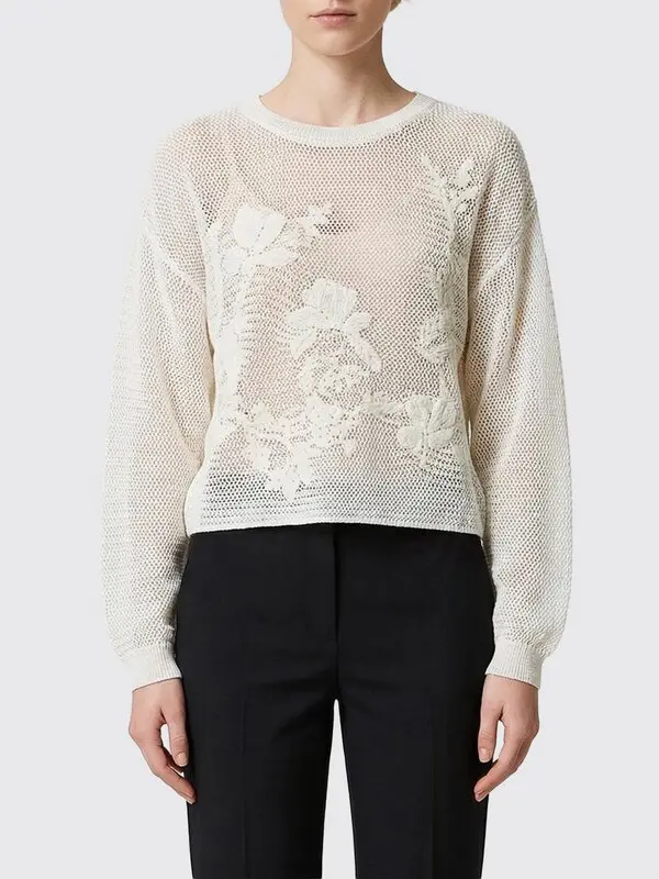 TWINSET Crew Neck Mesh Cotton Top With Embroidery - White