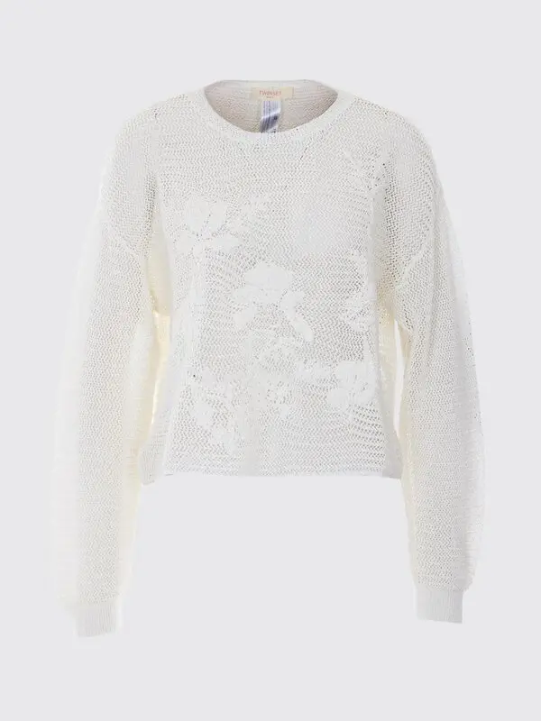 TWINSET Crew Neck Mesh Cotton Top With Embroidery - White