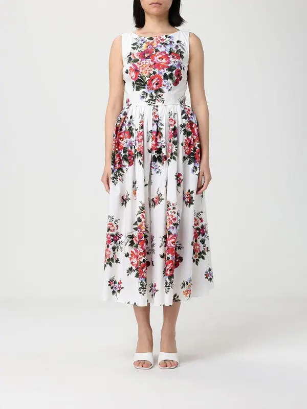 Dolce & Gabbana Floral Print Cotton Midi Dress - White