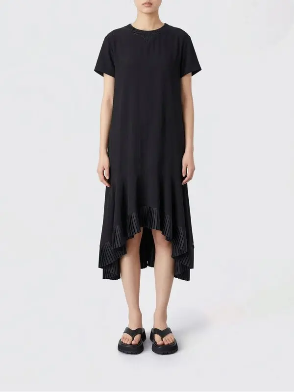 Sacai Cotton Midi Dress With Pleated Hem - Black