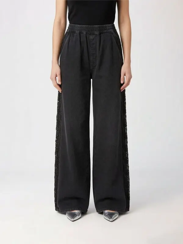 Pinko Wide Leg Cotton Trousers With Lace Detail - Black