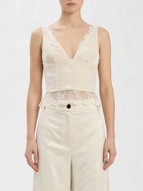 Pinko Lace Trimmed V-neck Top - Beige