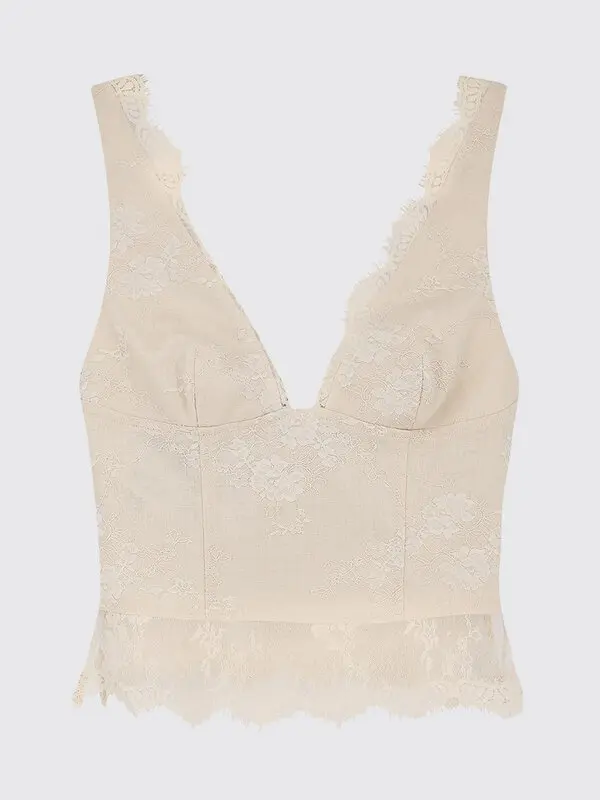 Pinko Lace Trimmed V-neck Top - Beige