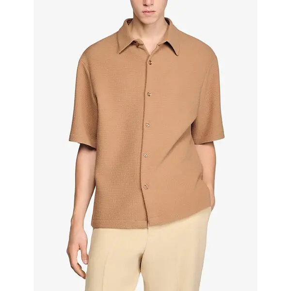 Sandro Textured Shark-collar Stretch-woven Shirt - Camel