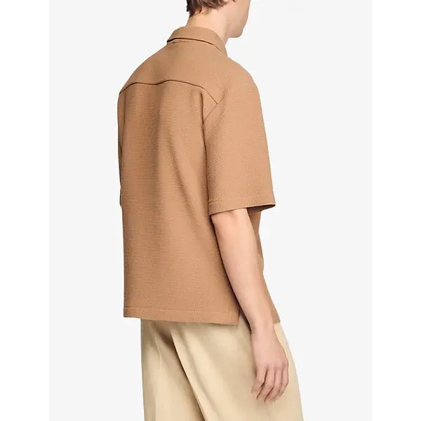 Sandro Textured Shark-collar Stretch-woven Shirt - Camel