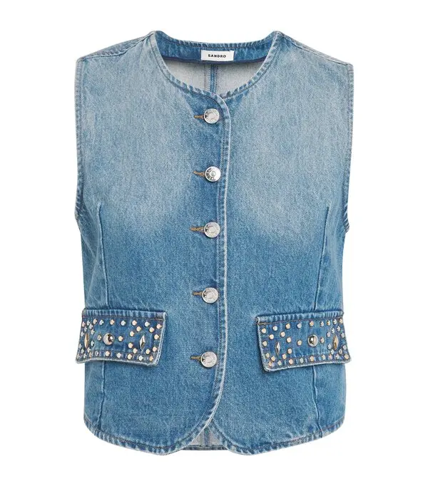 Sandro Embellished Denim Waistcoat - Blue