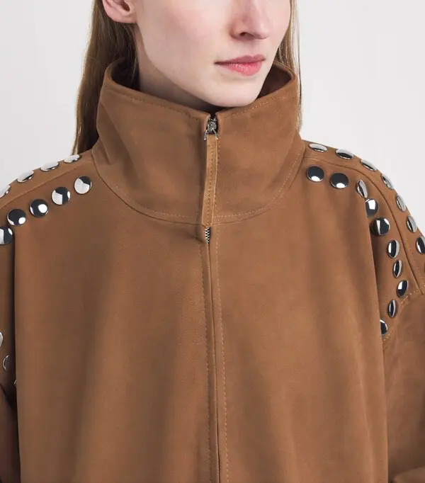 Sandro Suede Studded Bomber Jacket - Beige