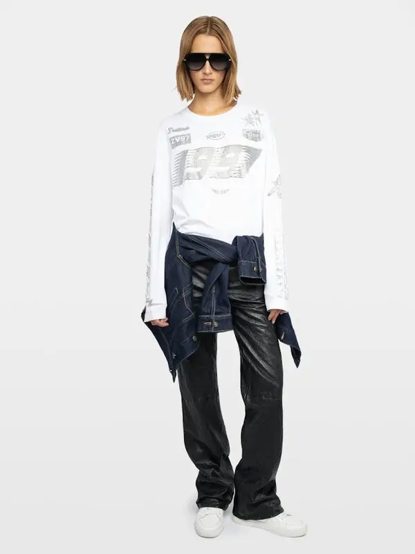 Zadig&Voltaire 100% Cotton Rhinestone Embellished Long Sleeve T-shirt