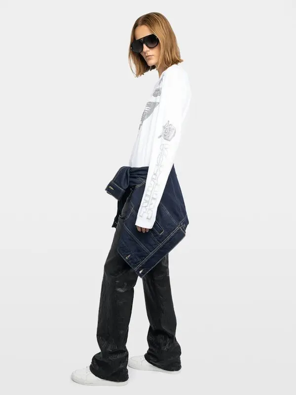 Zadig&Voltaire 100% Cotton Rhinestone Embellished Long Sleeve T-shirt