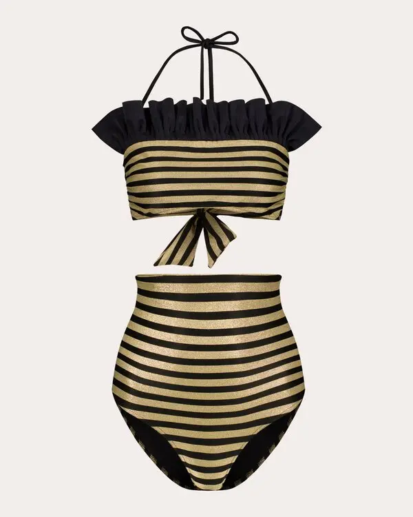 GIRLSMUSTHAVE Striped Ruffled Halter Bikini Top - Gold