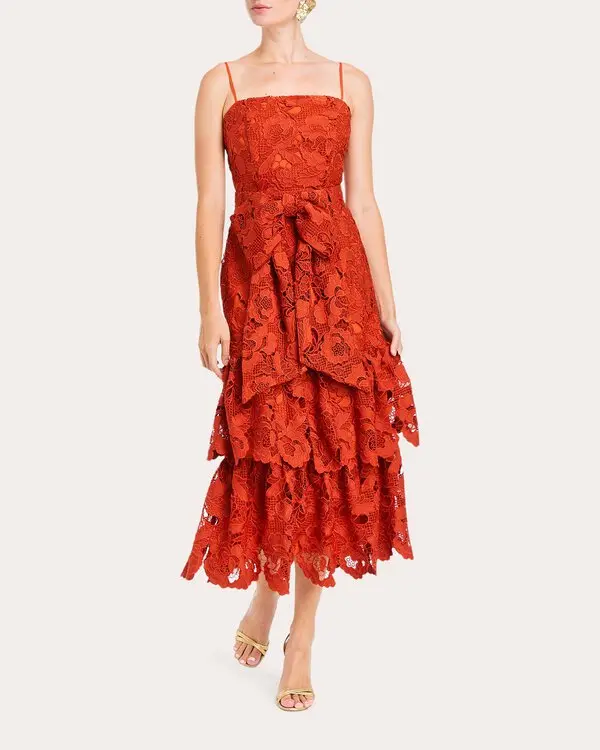Mestiza New York Vanessa Belted Tiered Guipure Lace Midi Dress Polyester - Red