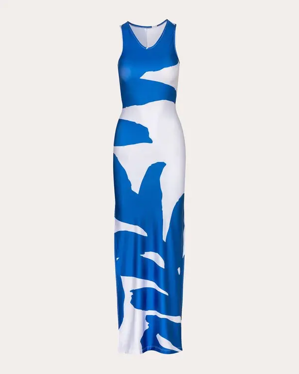 VERDELIMON Maxi Palms Sleeveless Bodycon Maxi Dress - Blue