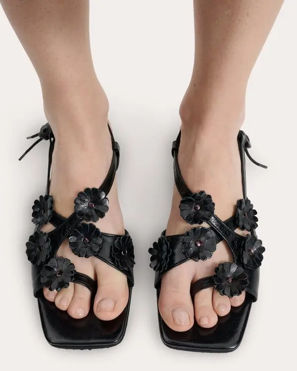 Cecilie Bahnsen Arna Floral Appliqué Leather Sandals - Black