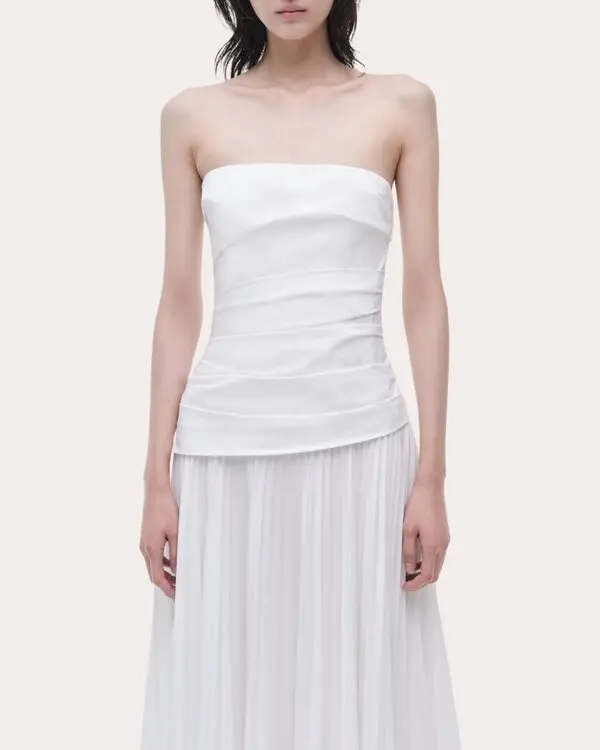 Simkhai Arie Pleated Poplin Strapless Bustier Midi Dress - White