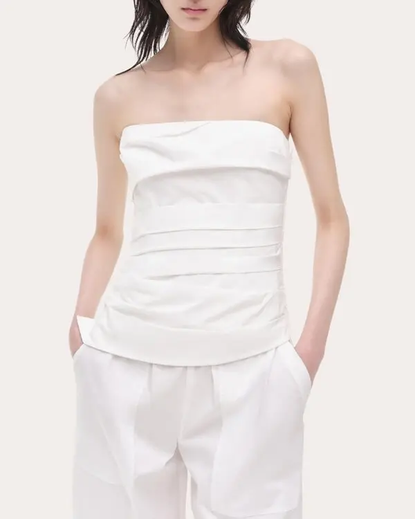 Simkhai Emerson Poplin Ruched Bustier Top - White